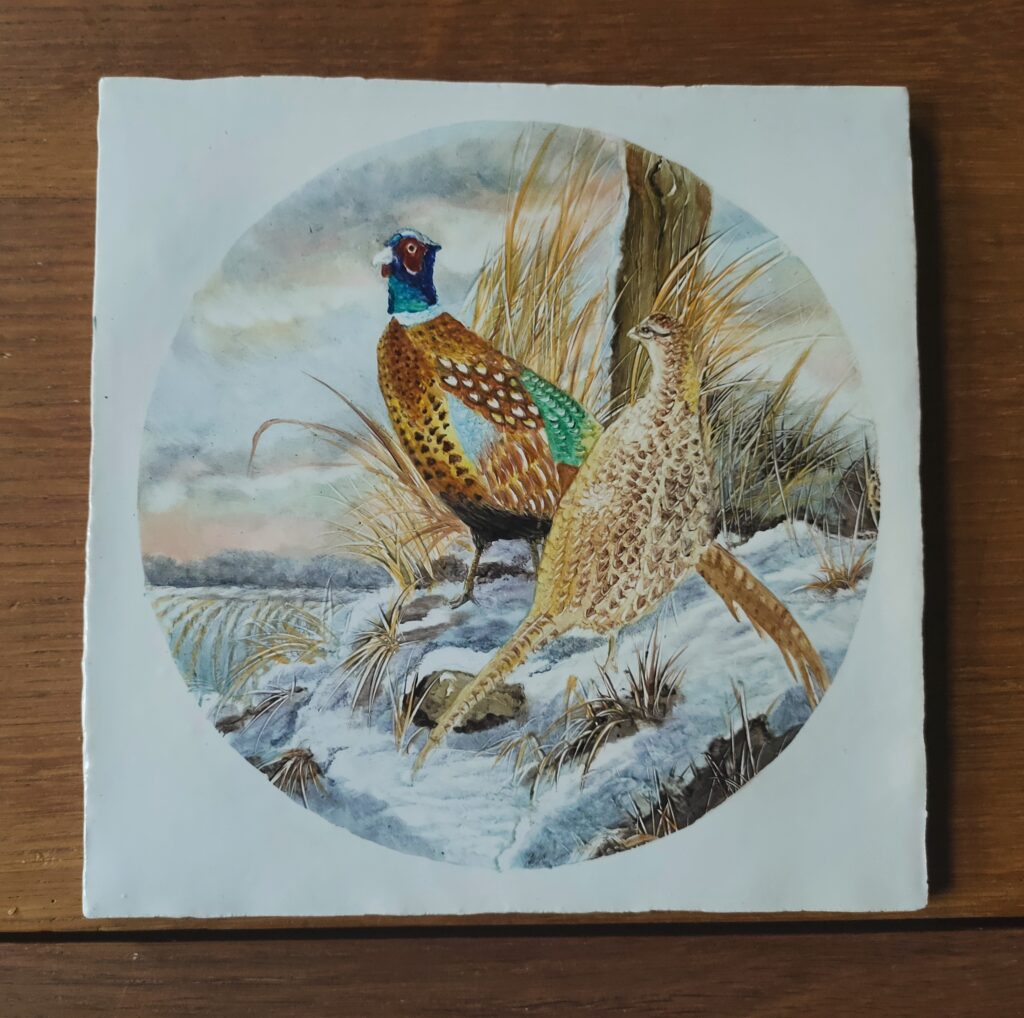 Fazanten in een winterlandschap - Yvonne's Tegeltableaus